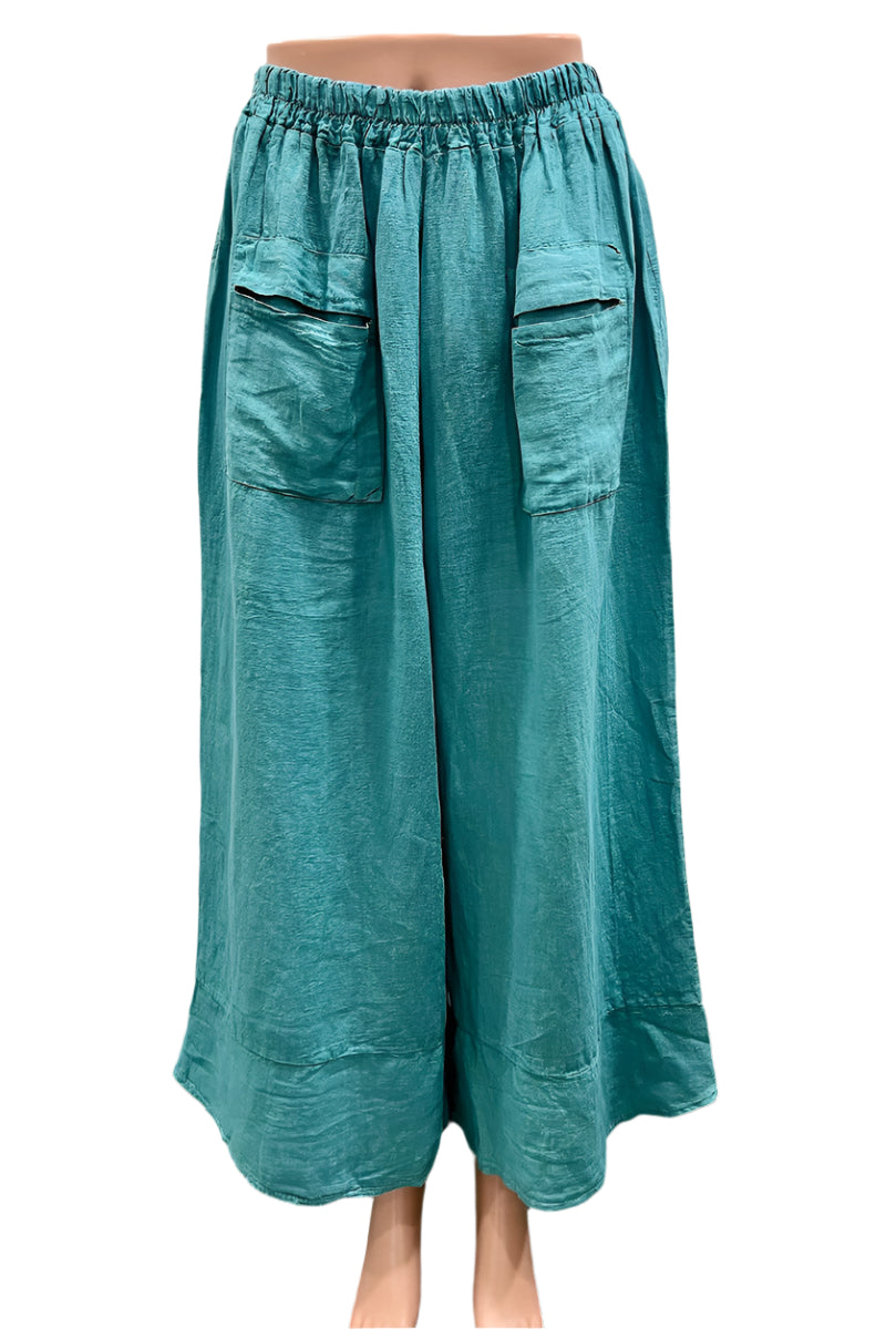 Saga Linen Button Hem Pants with Front Pockets in Sea Blue Style GN324 ...
